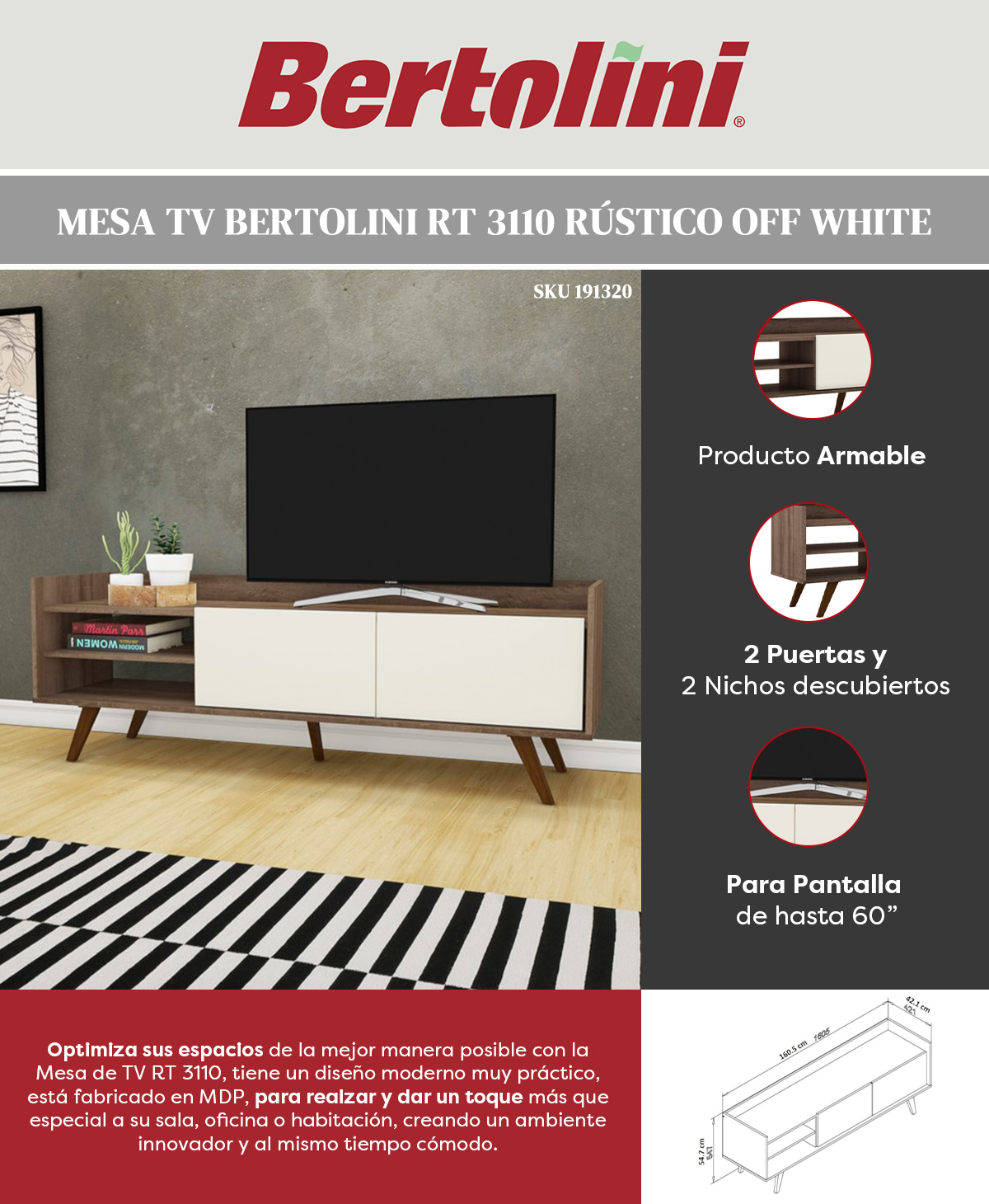 MESA DE TV BERTOLINI RT 3110 RUSTICO OFF WHITE | The Home Depot México