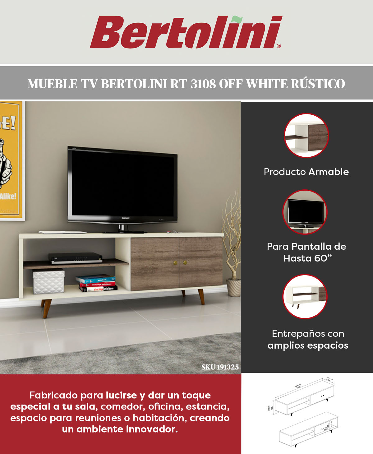 MESA DE TV BERTOLINI RT 3108 OFF WHITE RUSTICO | The Home Depot México