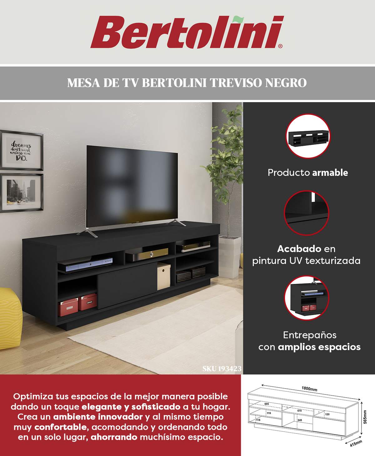 MESA DE TV BERTOLINI TREVISO NEGRO | The Home Depot México