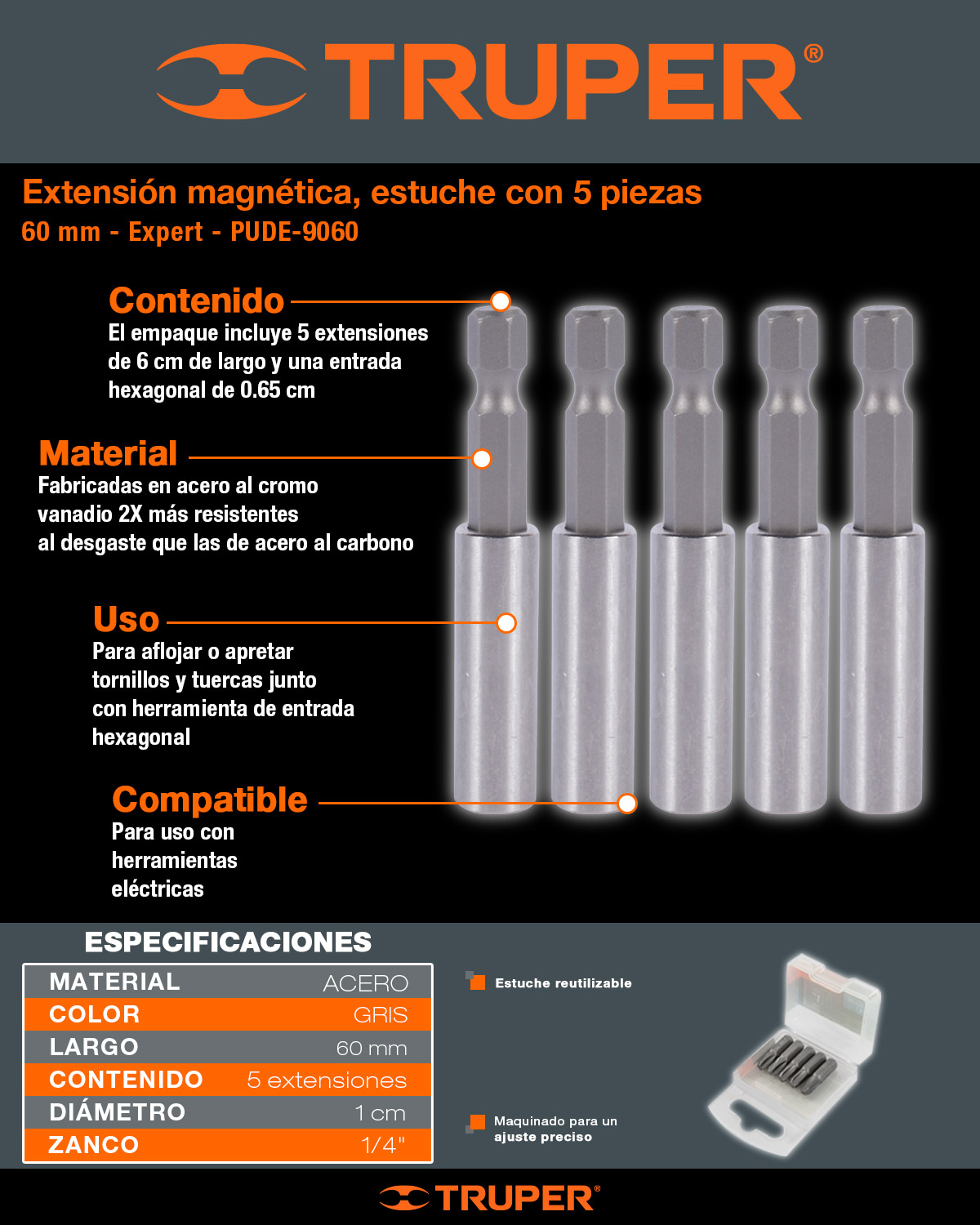EXTENSIONES MAGNÉTICAS HEXAGONALES ACERO TRUPER 5 PIEZAS | The Home ...