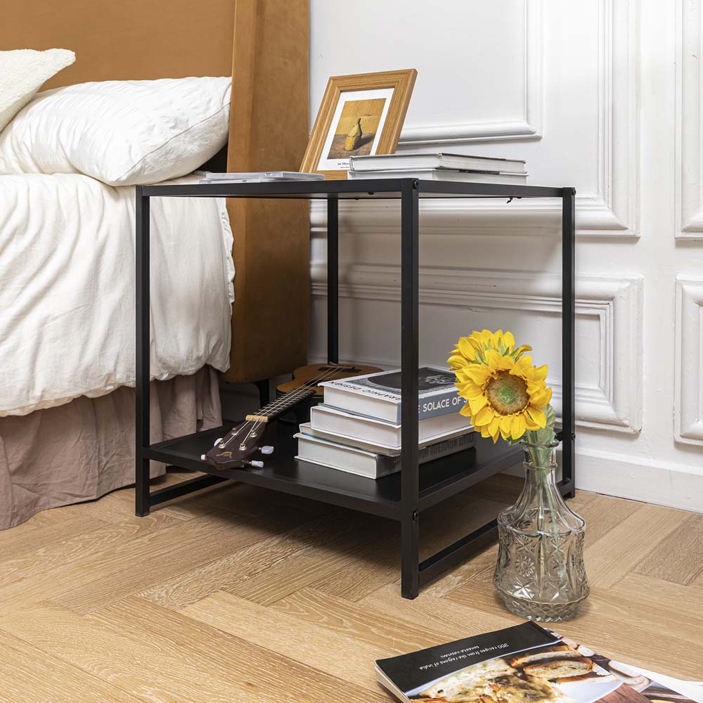 MESA DE NOCHE CON 2 ALMACENAMIENTO NIVELES BURÓS 51X51X51CM NEGRO | The ...