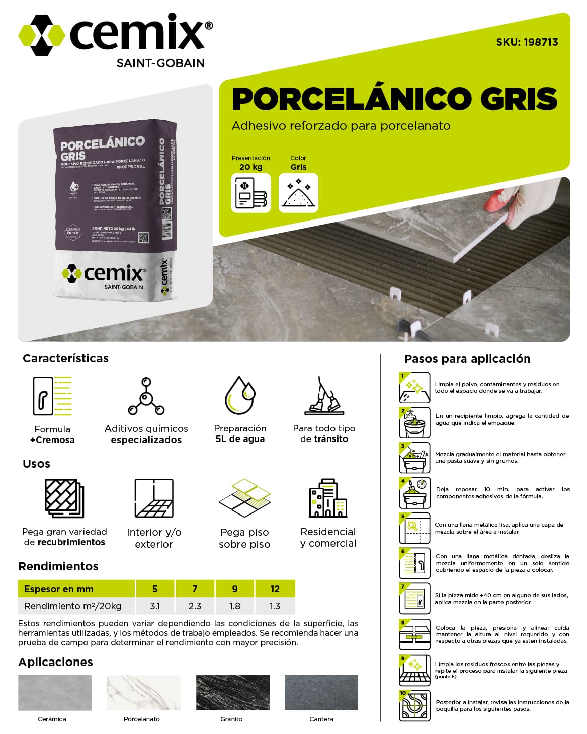 CEMIX ADHESIVO PORCELANICO GRIS 20KG | The Home Depot México