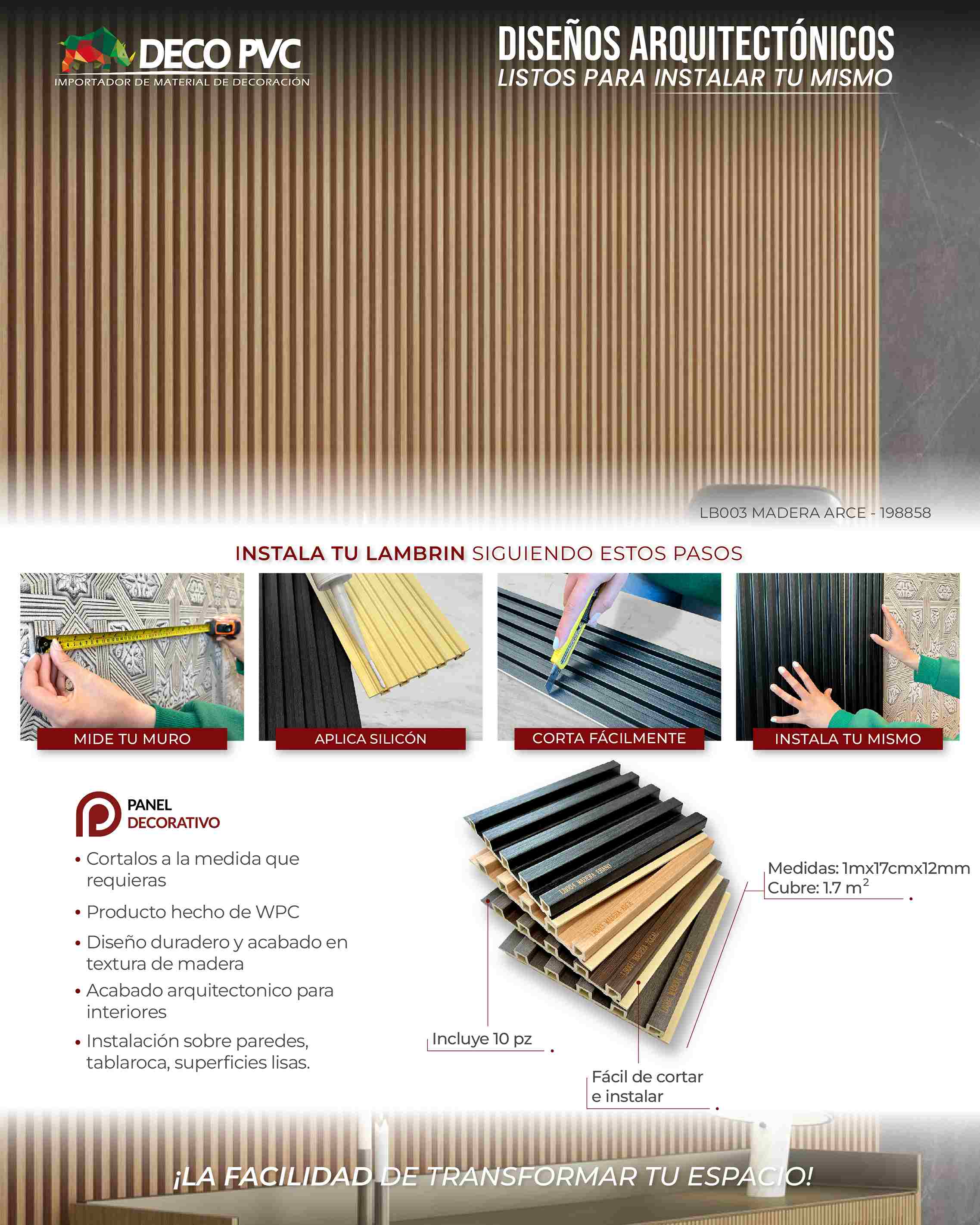 LAMBRÍN DECORATIVO PARA MUROS EN WPC TIPO MADERA / 10 PIEZAS DE 100 X17 ...