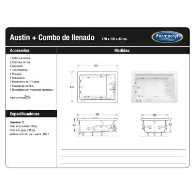 TINA DE BAÑO AUSTIN 150 X 130 X 42 CM CON HIDROMASAJE + COMBO DE ...