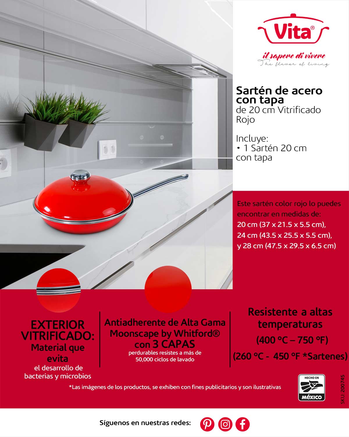 SARTÉN CON TAPA VITA 20CM ACERO VITRIFICADO ROJO | The Home Depot México