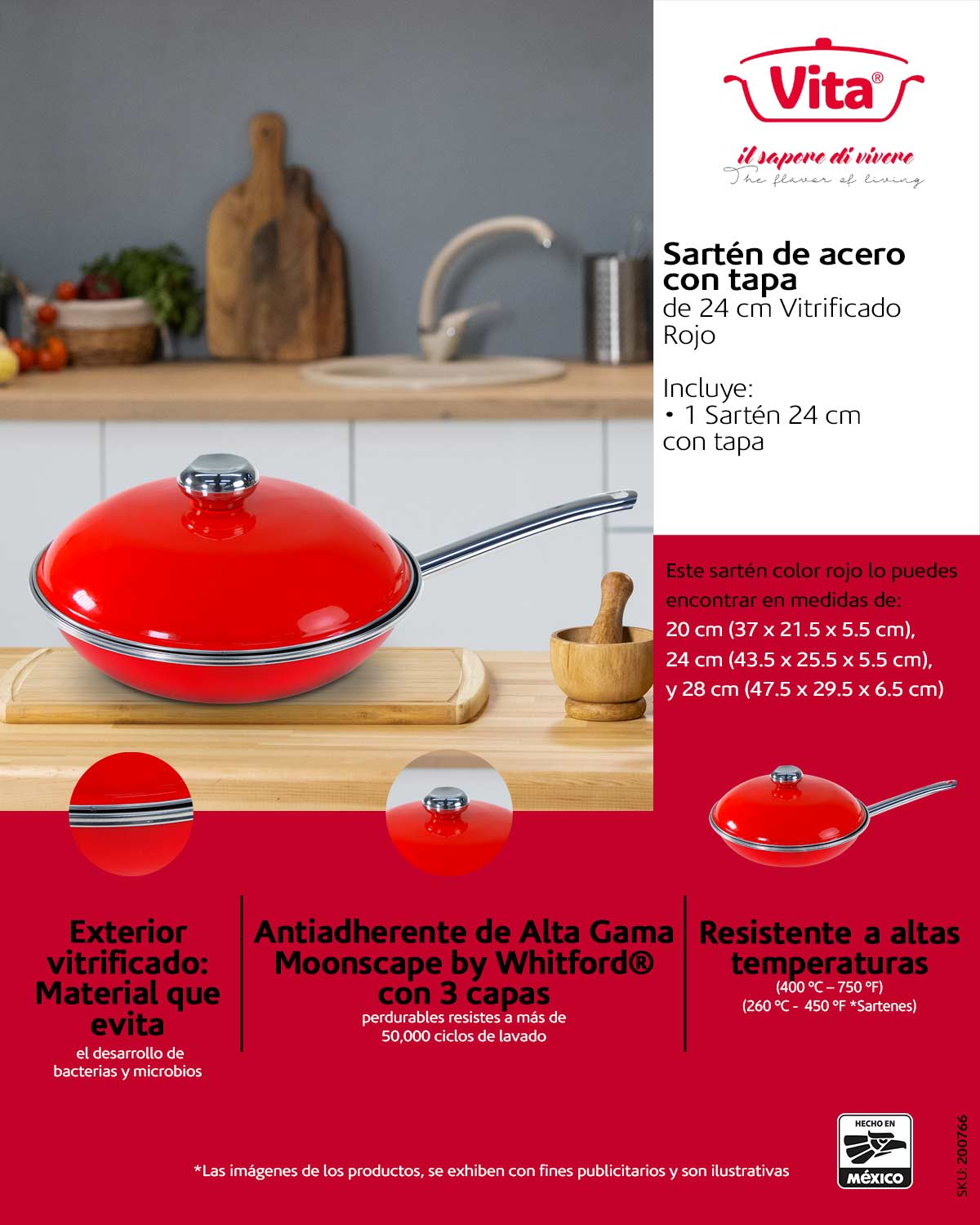 SARTÉN CON TAPA VITA 24CM ACERO VITRIFICADO ROJO | The Home Depot México