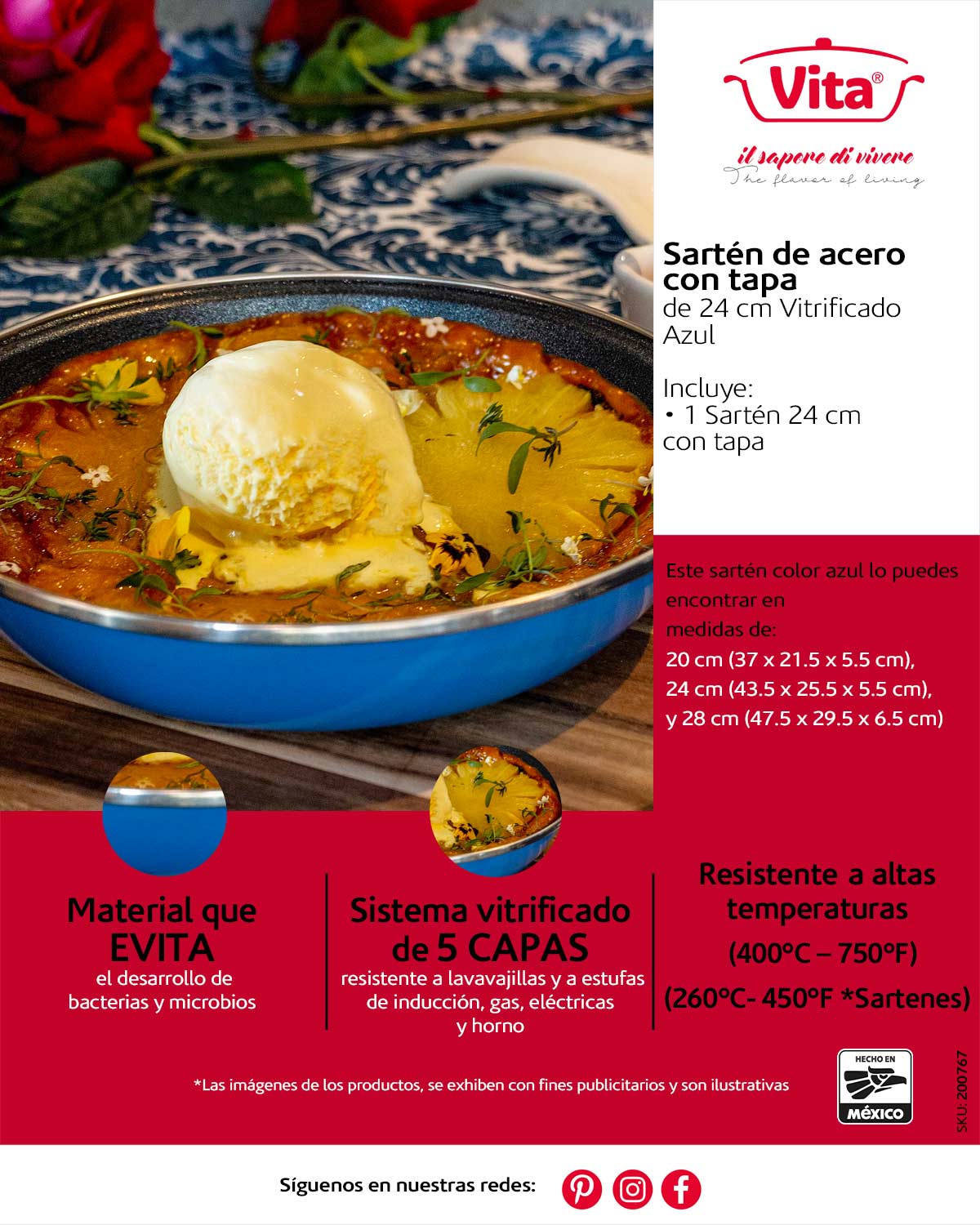 SARTÉN CON TAPA VITA 24CM ACERO VITRIFICADO AZUL | The Home Depot México