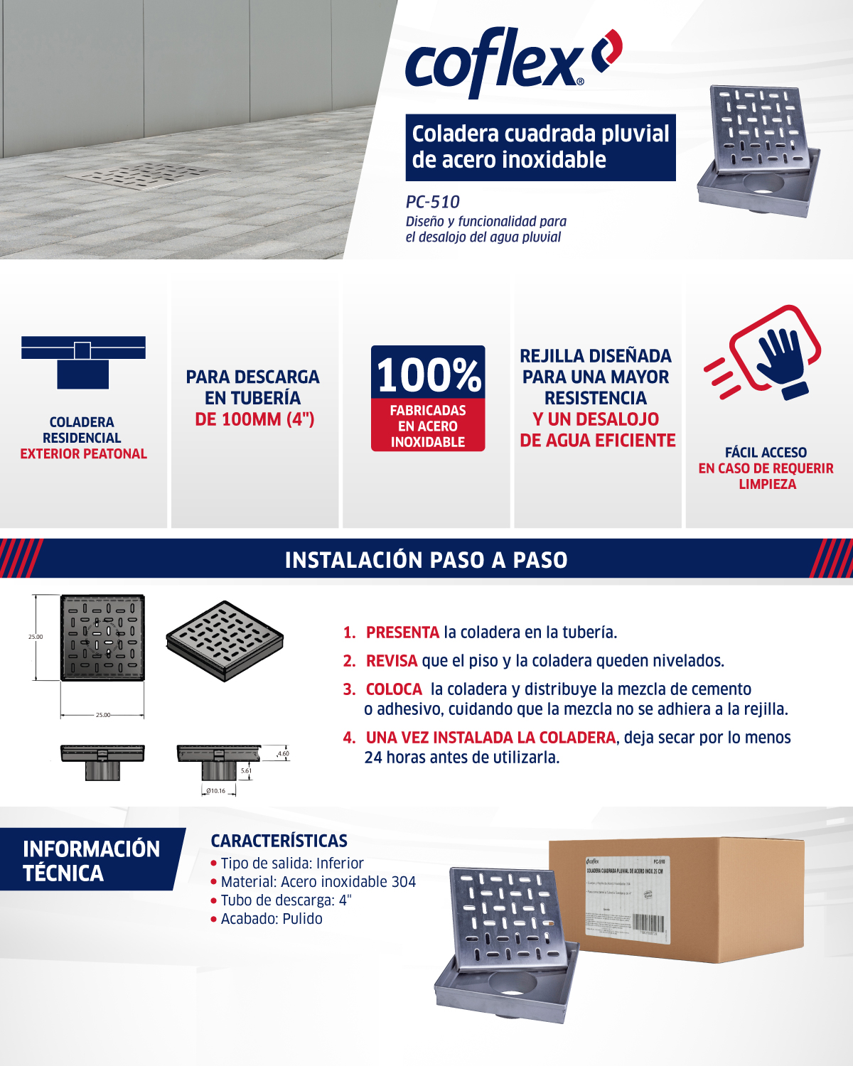 COLADERA PLUVIAL 4.6 X 25 X 25 CM PLATA COFLEX | The Home Depot México