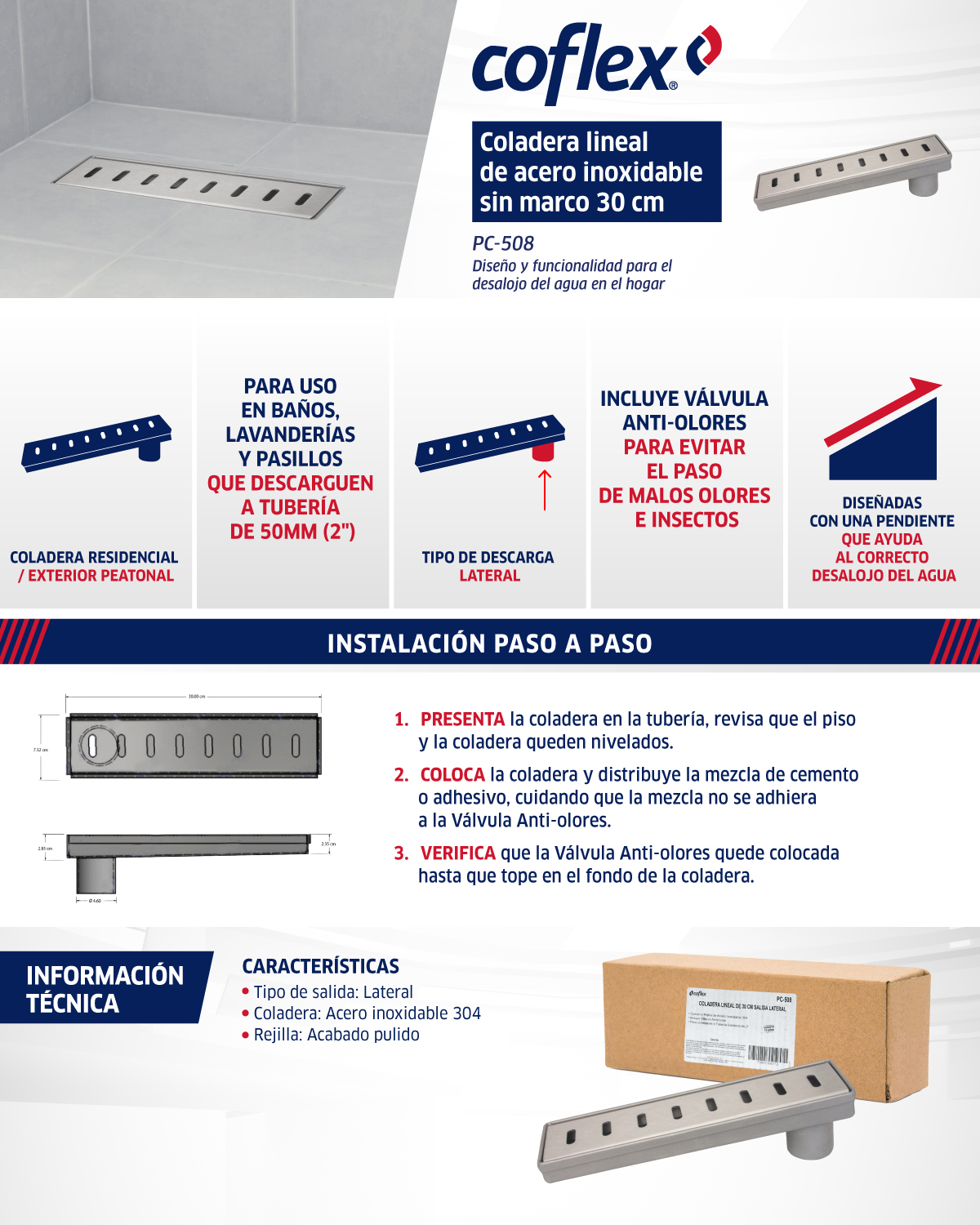 COLADERA LINEAL 10 X 30 X 7.34 CM PLATA COFLEX | The Home Depot México