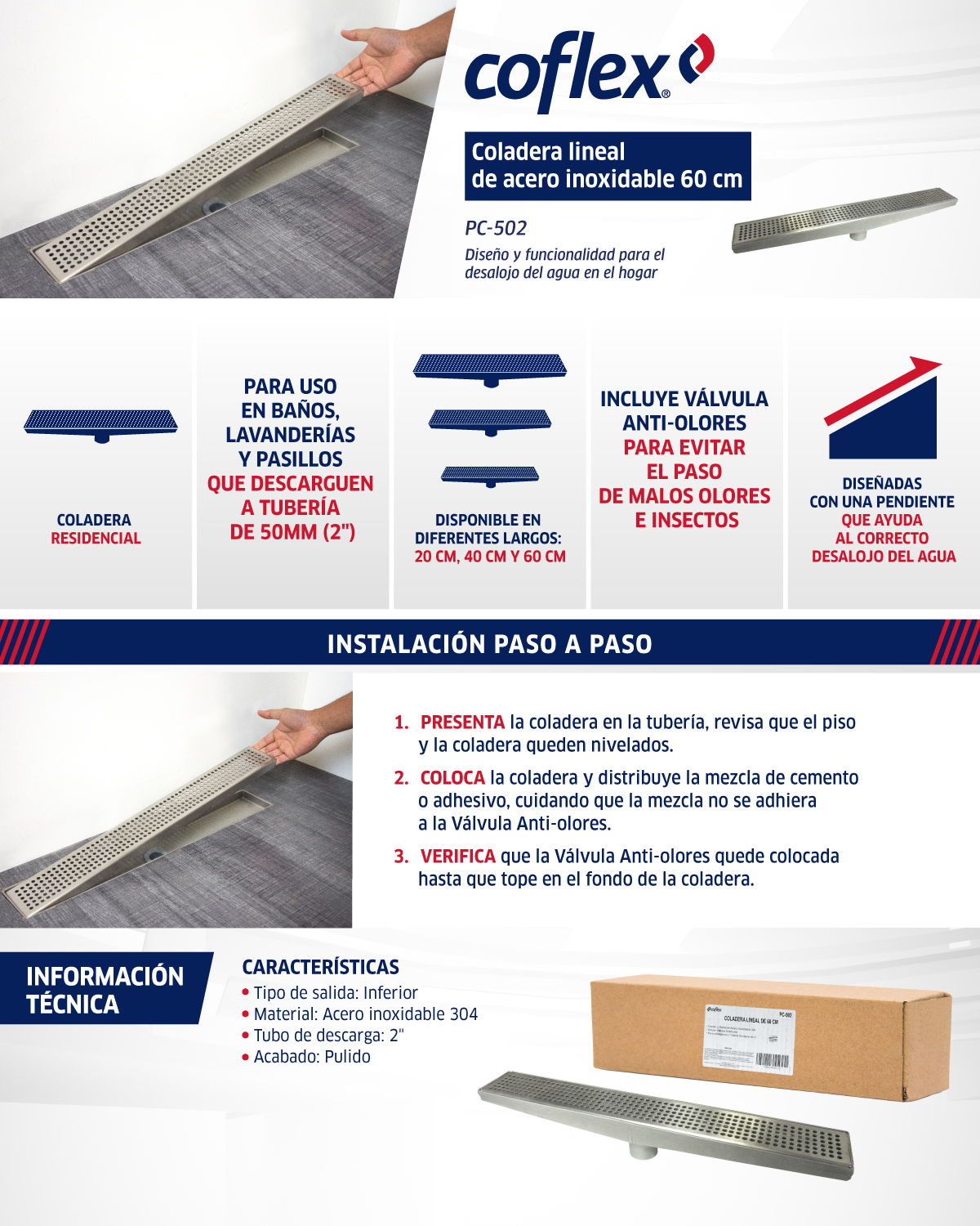 COLADERA LINEAL 7.72 X 60 X 9 CM PLATA COFLEX | The Home Depot México