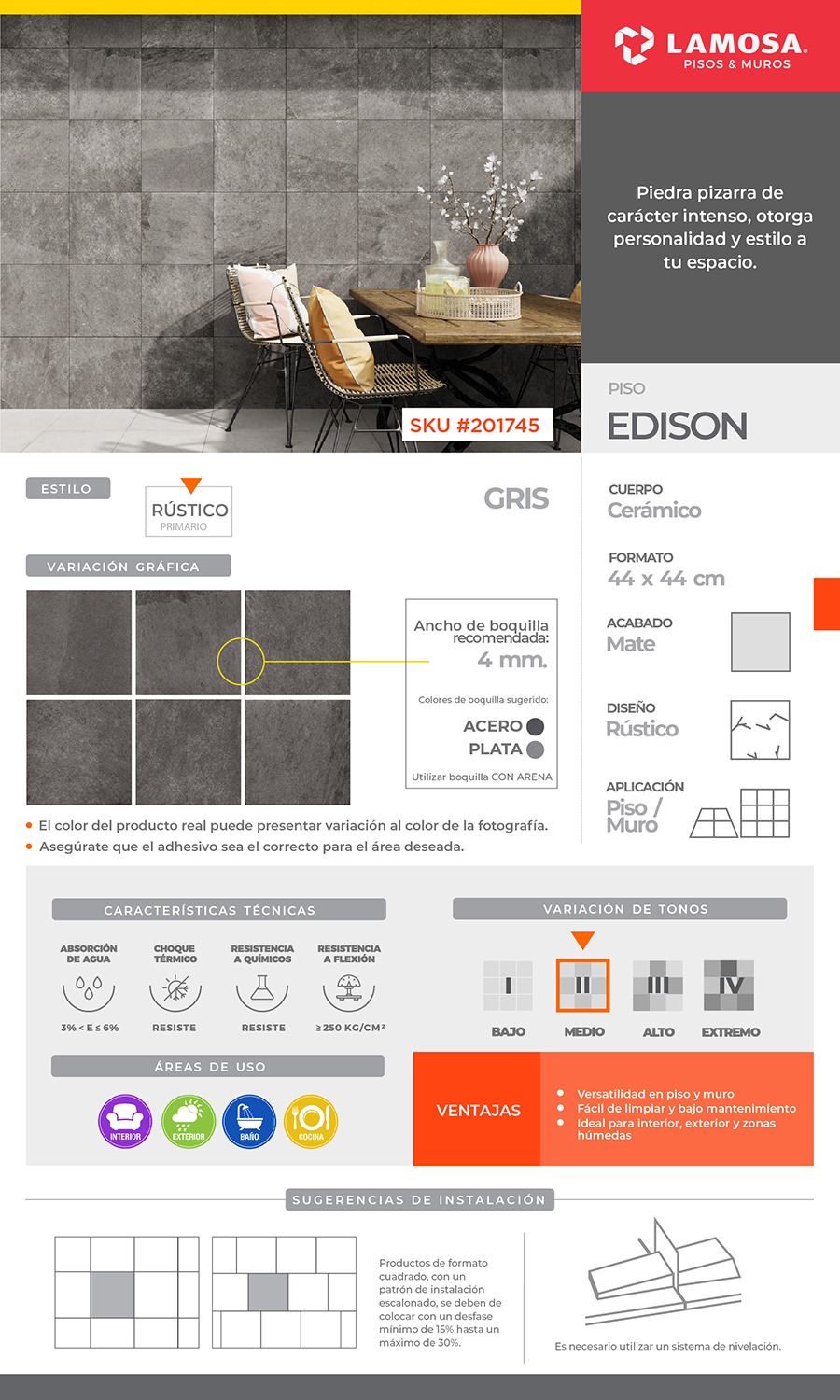 PISO CERÁMICO EDISON 44 X 44 CM GRIS OXFORD TIPO PIEDRA CAJA CON 1.92 M2 | The Home Depot México