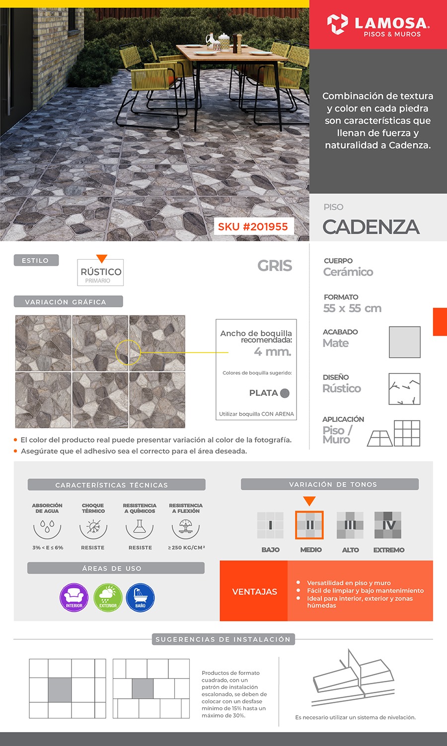 PISO CADENZA 55X55 GRIS 1.49 M2 | The Home Depot México