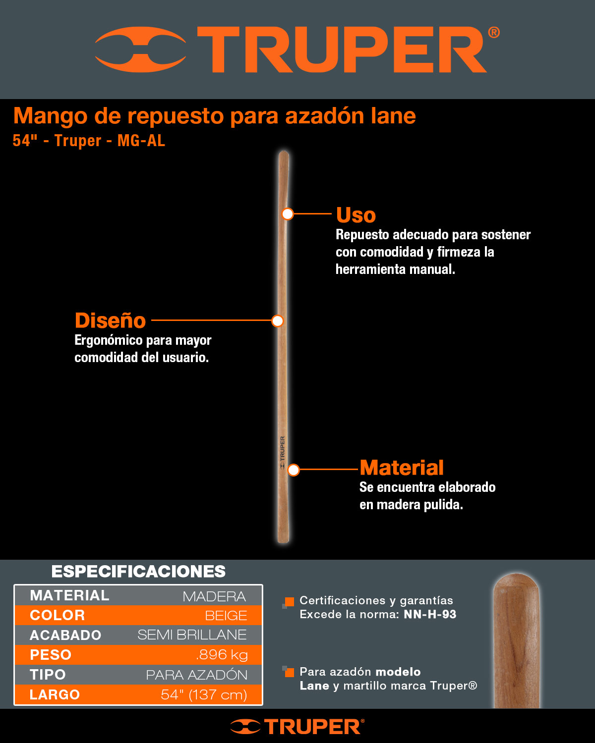 MANGO PARA AZADÓN 135 X 4 CM BEIGE TRUPER | The Home Depot México