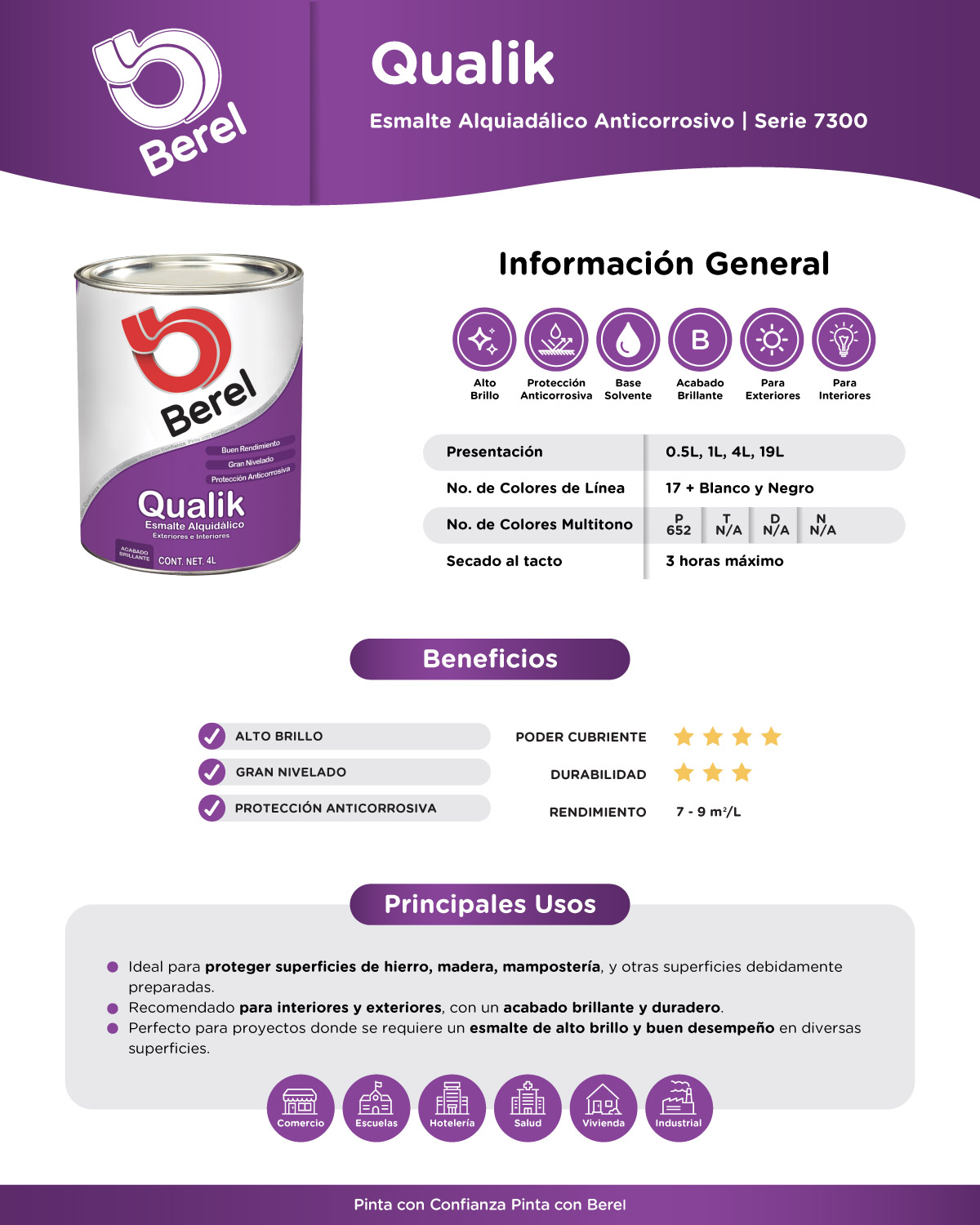 Esmalte Berel Qualik Alquidálico Interior/Exterior 1L Color Blanco ...