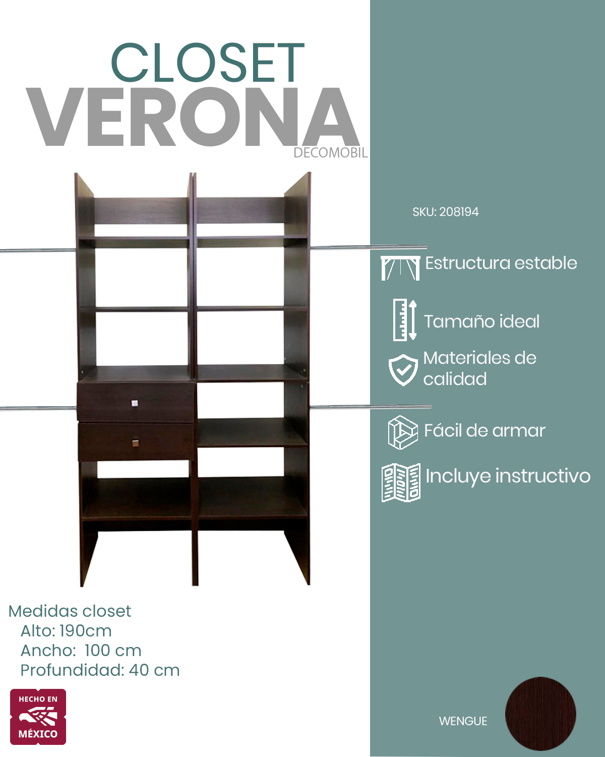 CLOSET VERONA COMPLETO PREMIUM AJUSTABLE WENGUE | The Home Depot México