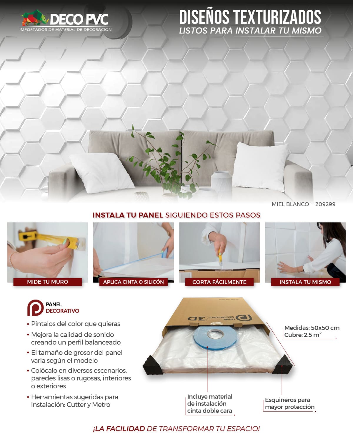 PANEL 3D MIEL COLOR BLANCO 50 X 50 CM CAJA CON 2.5 M2 | The Home Depot ...