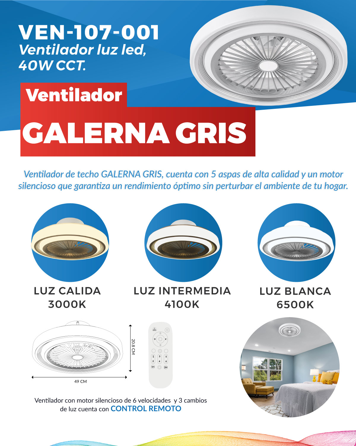 VENTILADOR DE TECHO GALERNA 19\" FANDELIER PARA INTERIOR CON LED ...