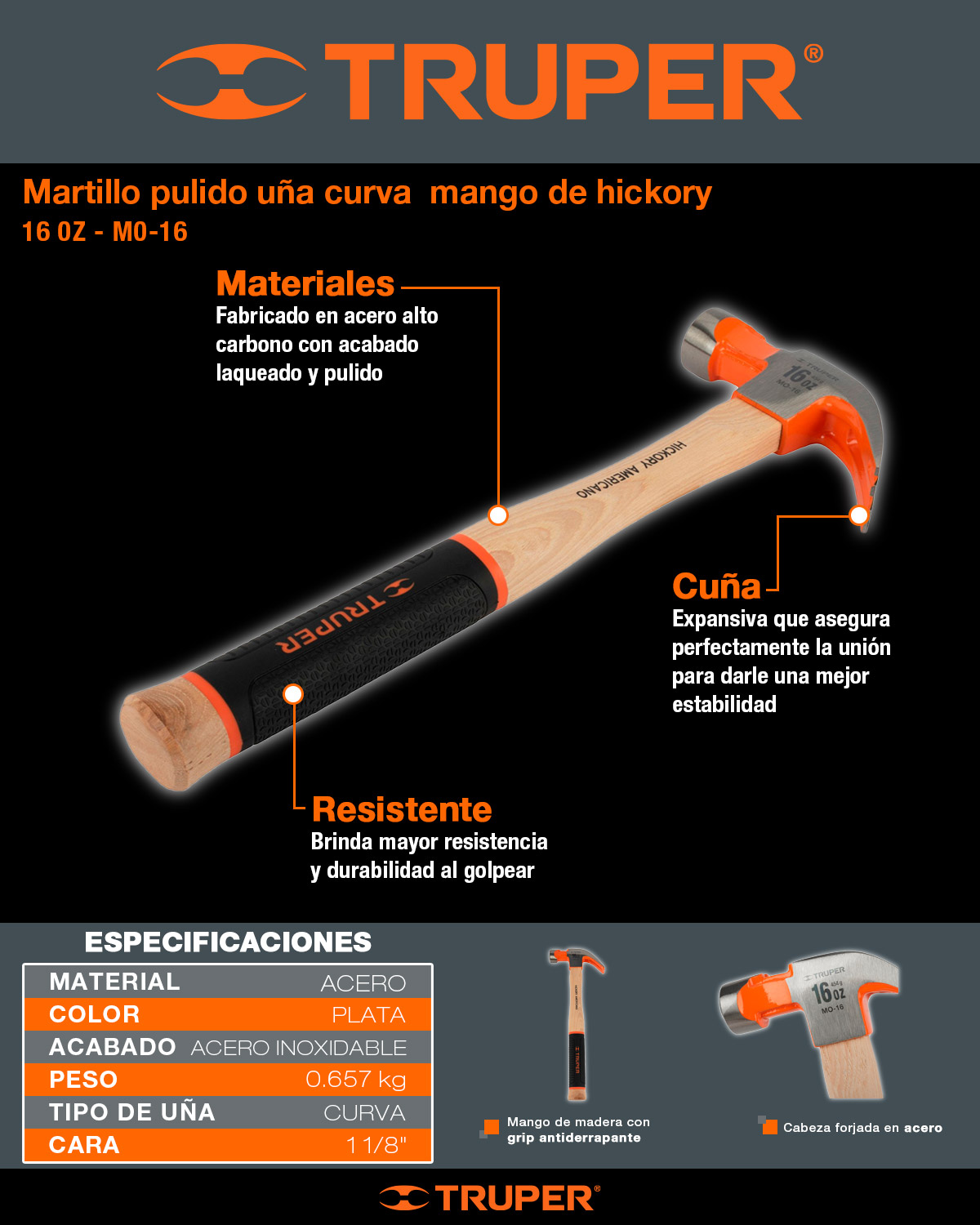 MARTILLO PULIDO CON UÑA CURVA DE 16 0Z TRUPER | The Home Depot México