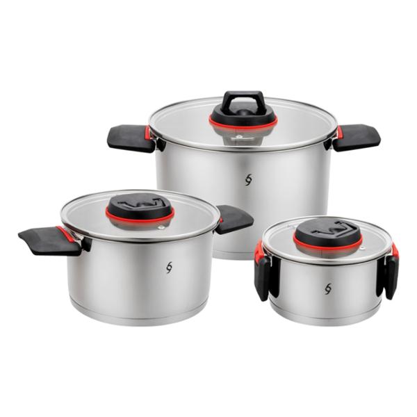 BATERIA ACERO 3 OLLAS ASAS ABATIBLES+TAPAS CRISTAL | The Home Depot México