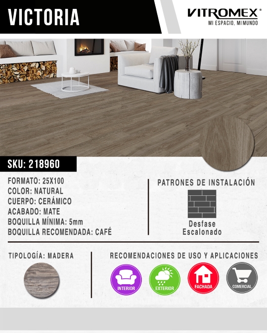 PISO VICTORIA NATURAL 25X100 2.25 M2 RECT HD RS | The Home Depot México