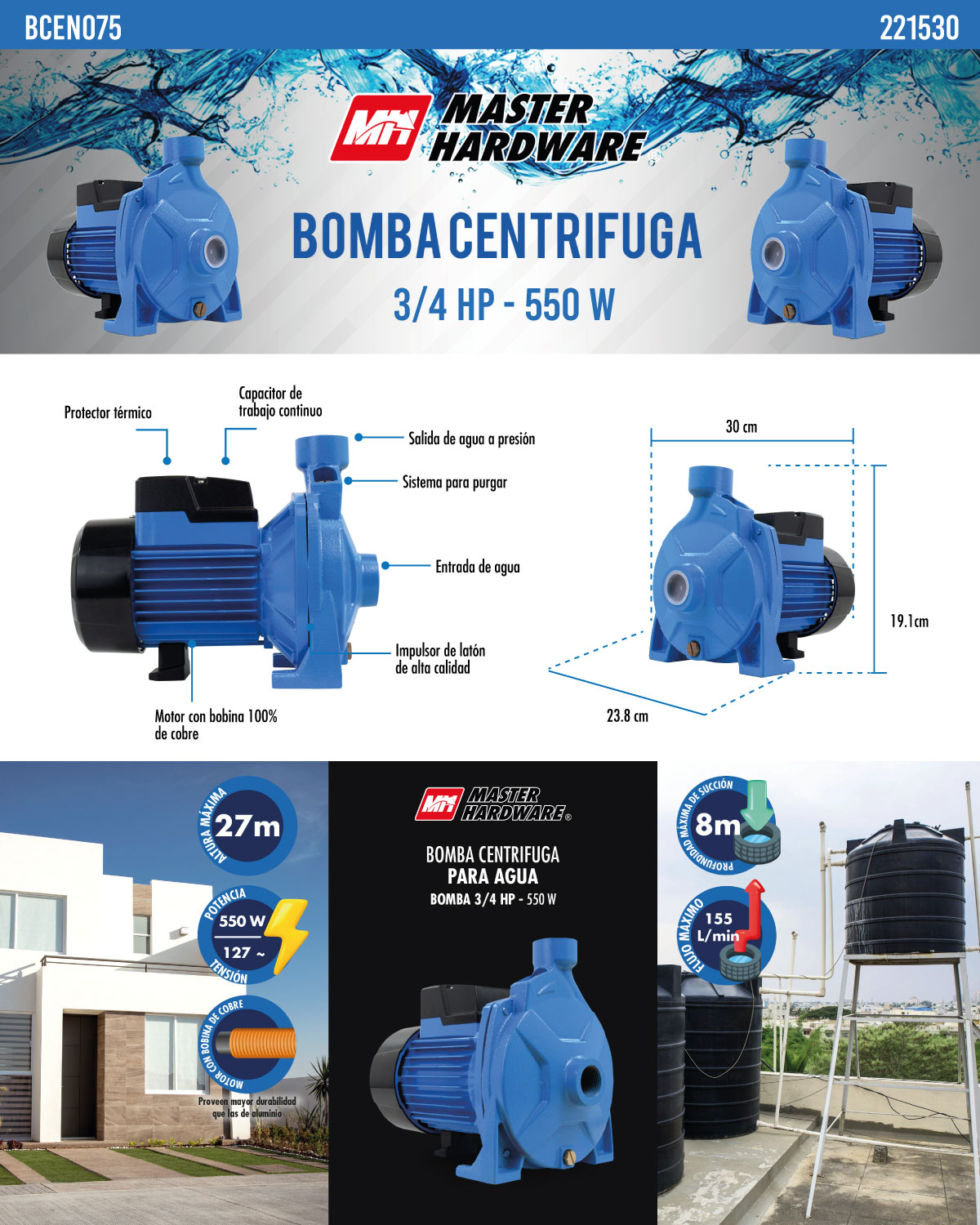 BOMBA DE AGUA CENTRÍFUGA 3/4 HP 155 L/MIN | The Home Depot México
