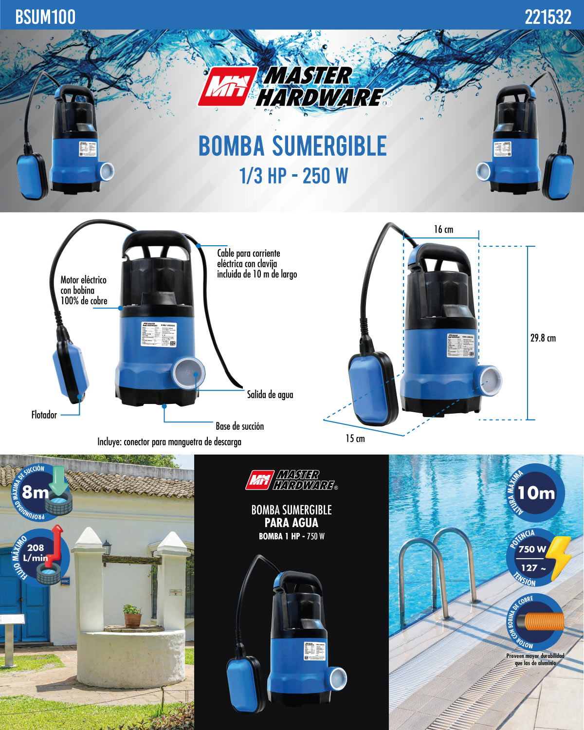 BOMBA DE AGUA SUMERGIBLE 1 HP 208 L/MIN | The Home Depot México
