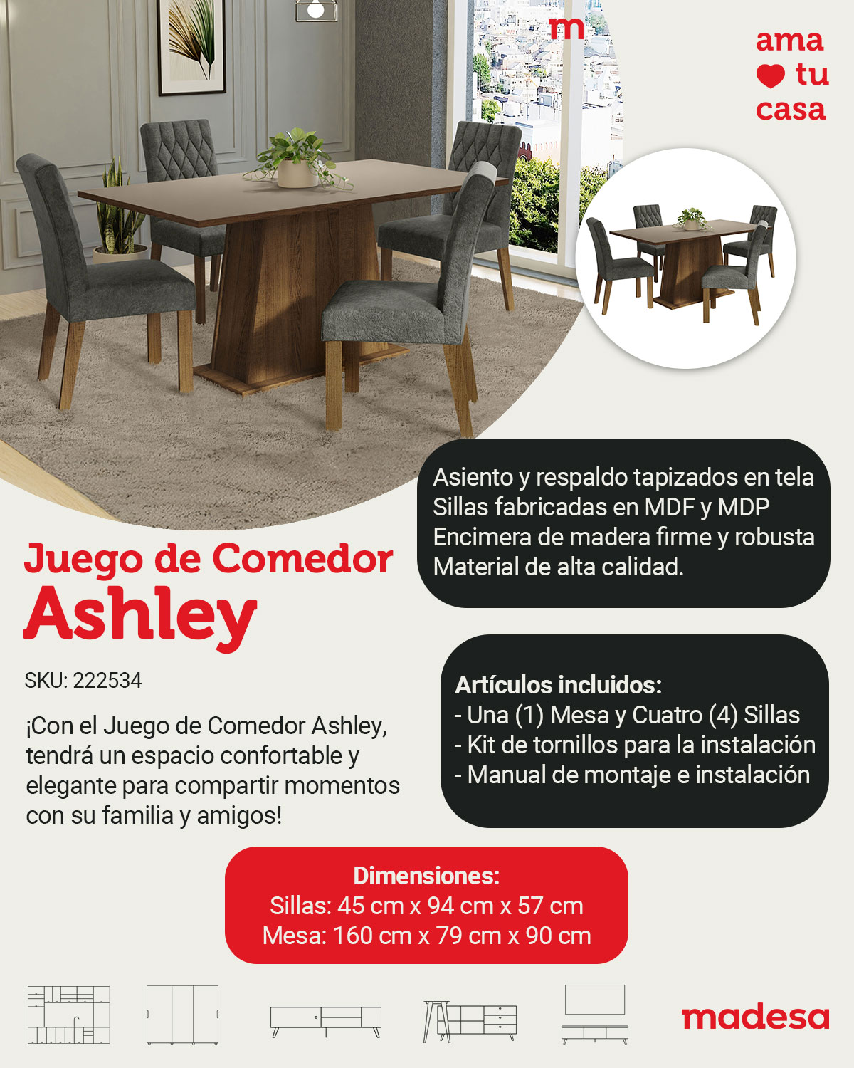COMEDOR ASHLEY MADESA 4 SILLAS RUSTIC | The Home Depot México