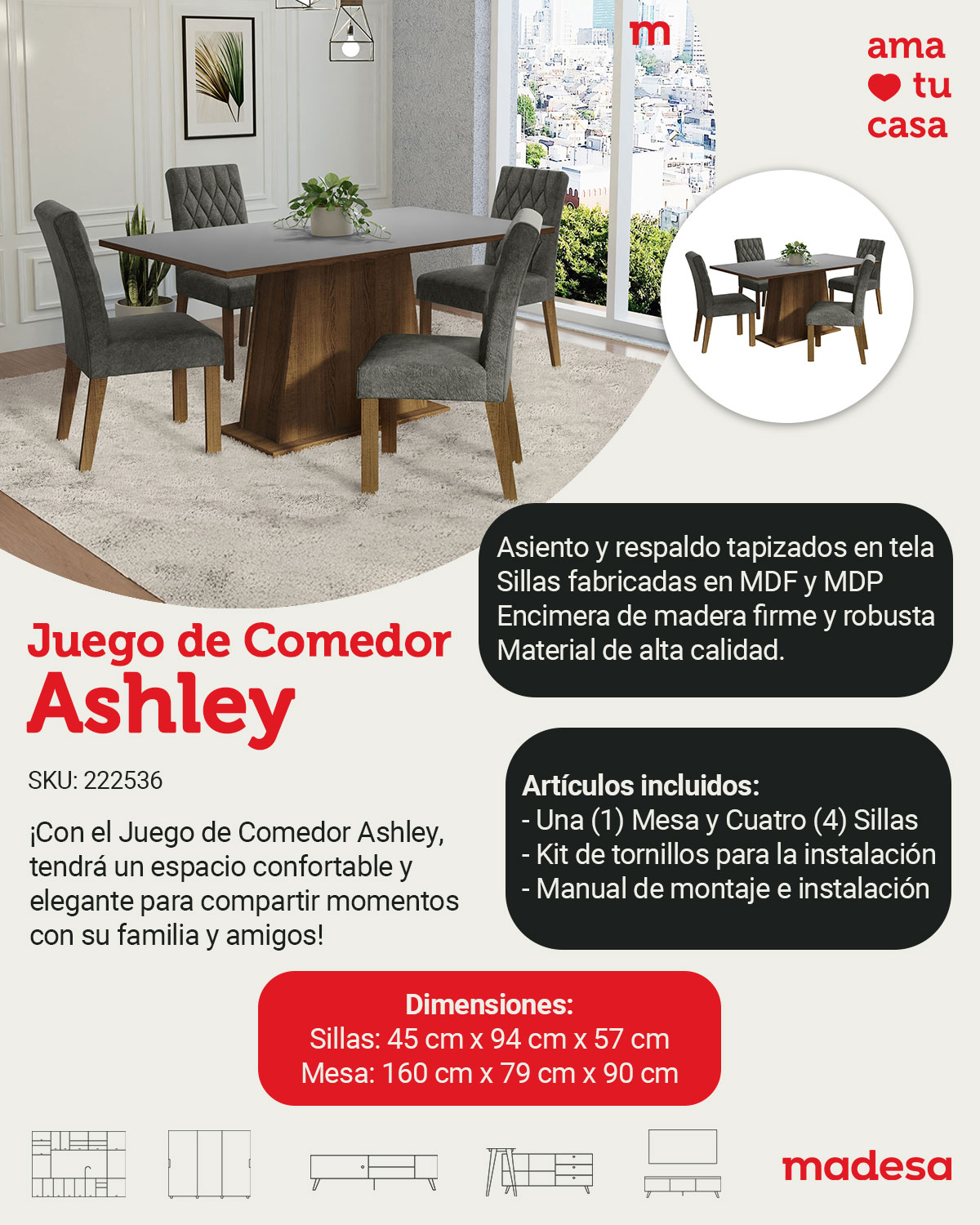 COMEDOR ASHLEY MADESA 4 SILLAS PLATA | The Home Depot México