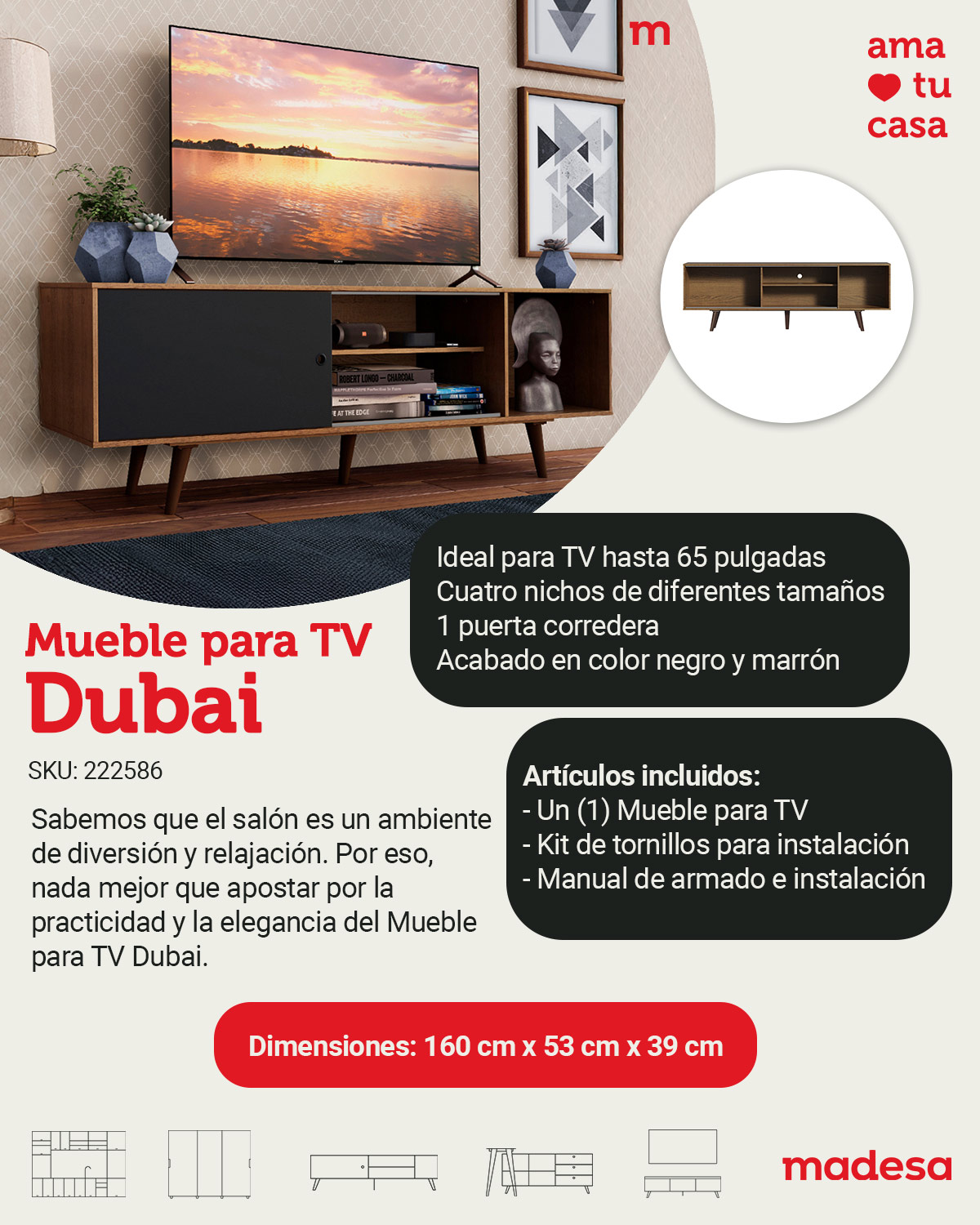 RACK DUBAI 65 PULGADAS PÉS RUSTIC/PRETO MADESA | The Home Depot México