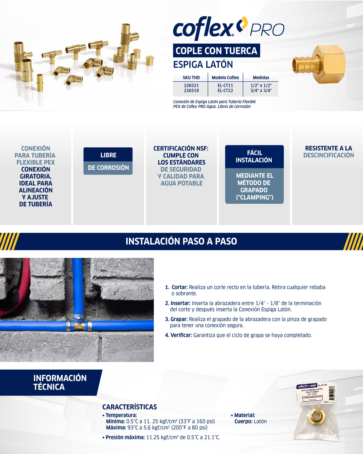 COPLE ESPIGA LATÓN CON TUERCA 1/2 X 1/2 FNPT | The Home Depot México