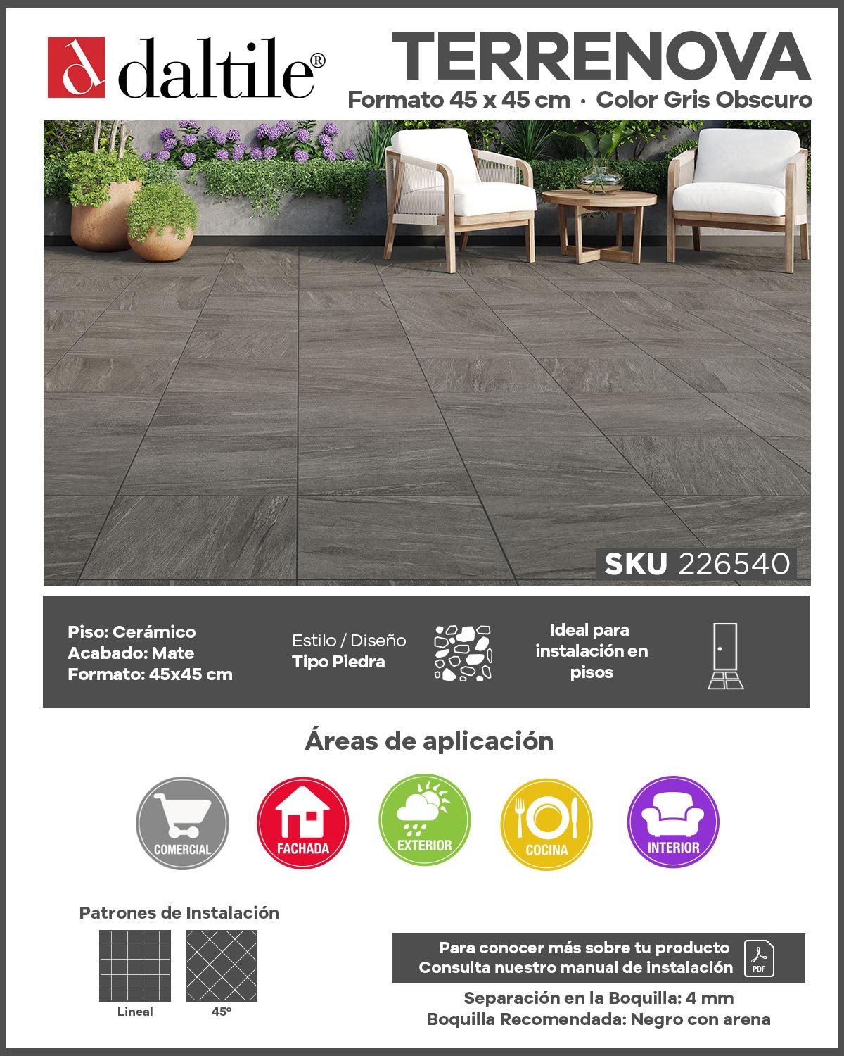 PISO TERRENOVA 45X45 DARK GRAY 1.64 M2 | The Home Depot México