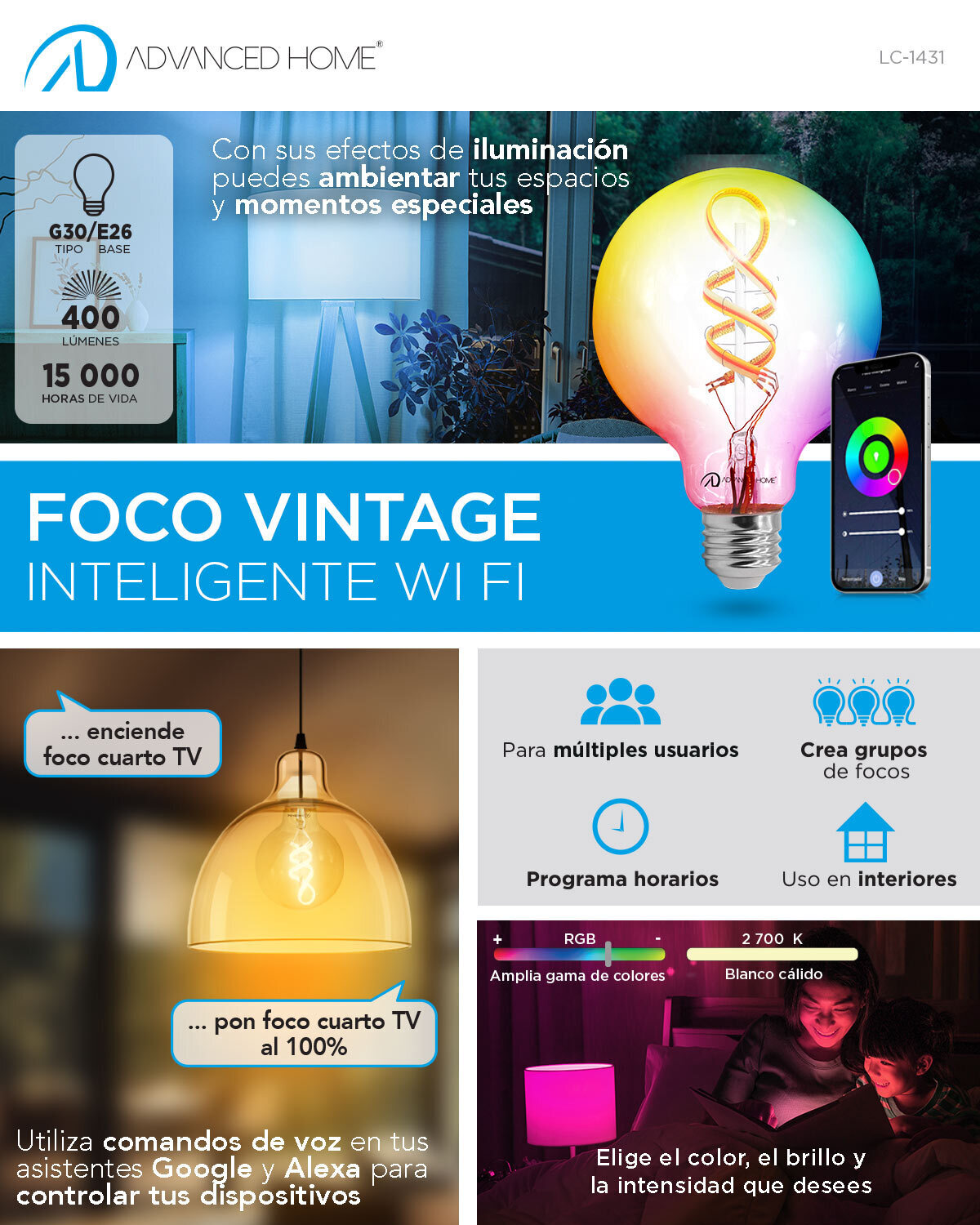 FOCO SMART LED G30 (6W) LUZ BLANCA CÁLIDA Y RGB | The Home Depot México