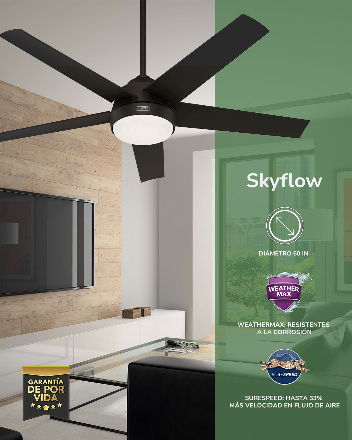 VENTILADOR DE TECHO SKYFLOW 52\" PARA EXTERIOR CON LED INTEGRADO NEGRO MATE | The Home Depot México