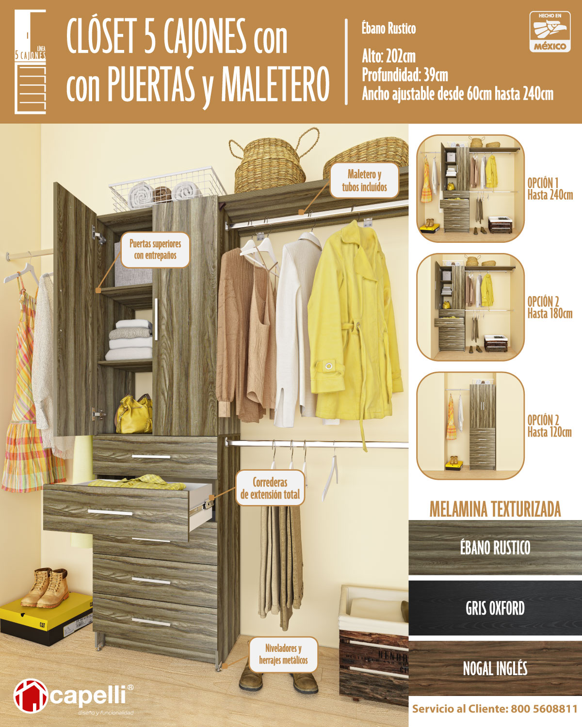 CLOSET 5 CAJONES CON PUERTAS Y MALETERO EBANO RUSTIKO | The Home Depot ...