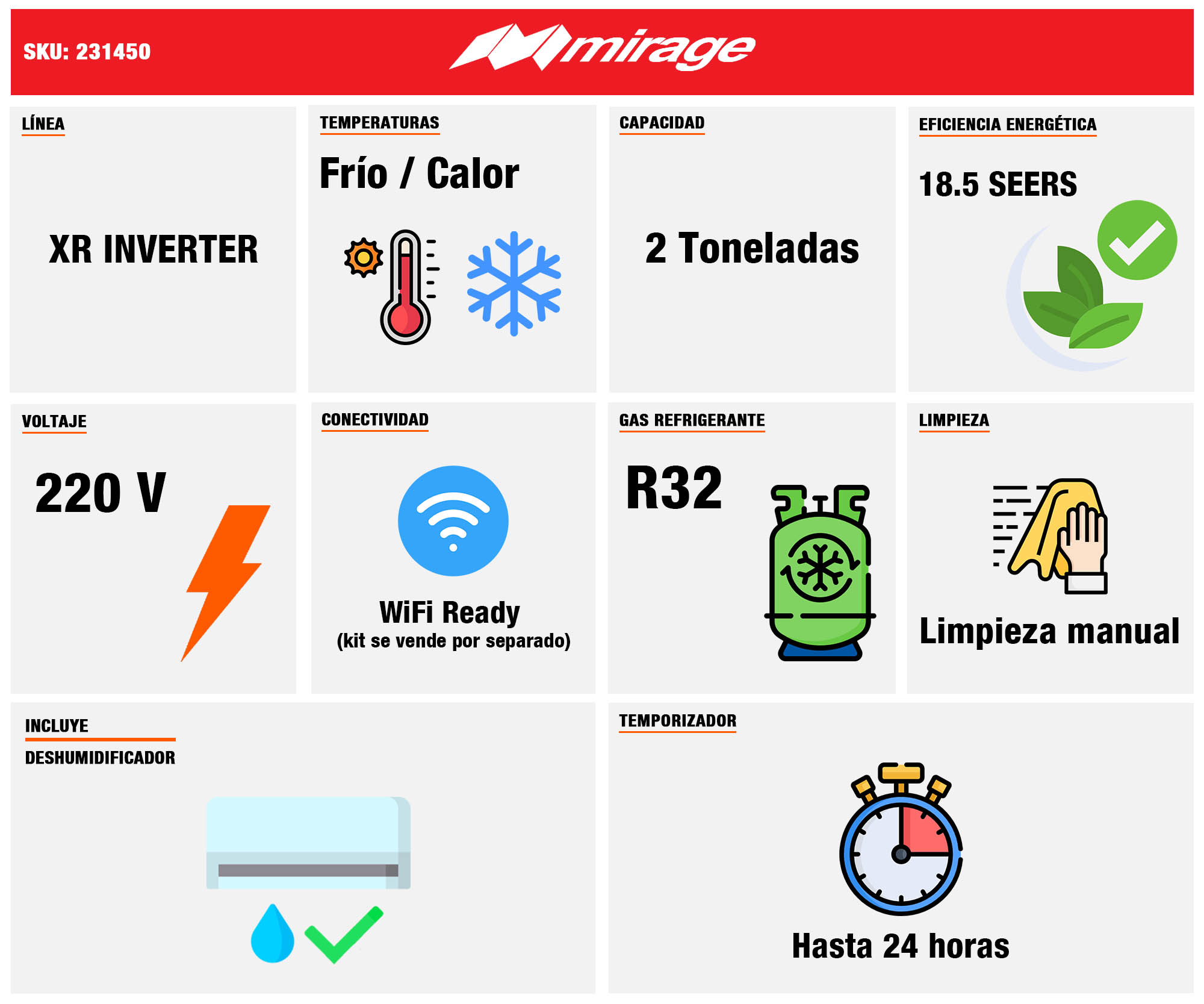 MINISPLIT MIRAGE INVERTER XR 2 TONELADAS 220 V FRÍO Y CALOR | The Home ...