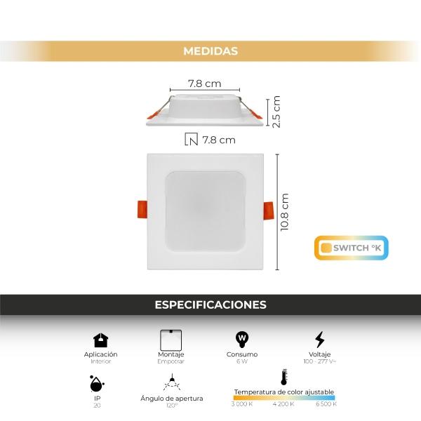LAMPARA LED CUADRADA TIPO DOWNLIGHT DE EMPOTRAR 6W, 3 TEMPERATURAS DE ...