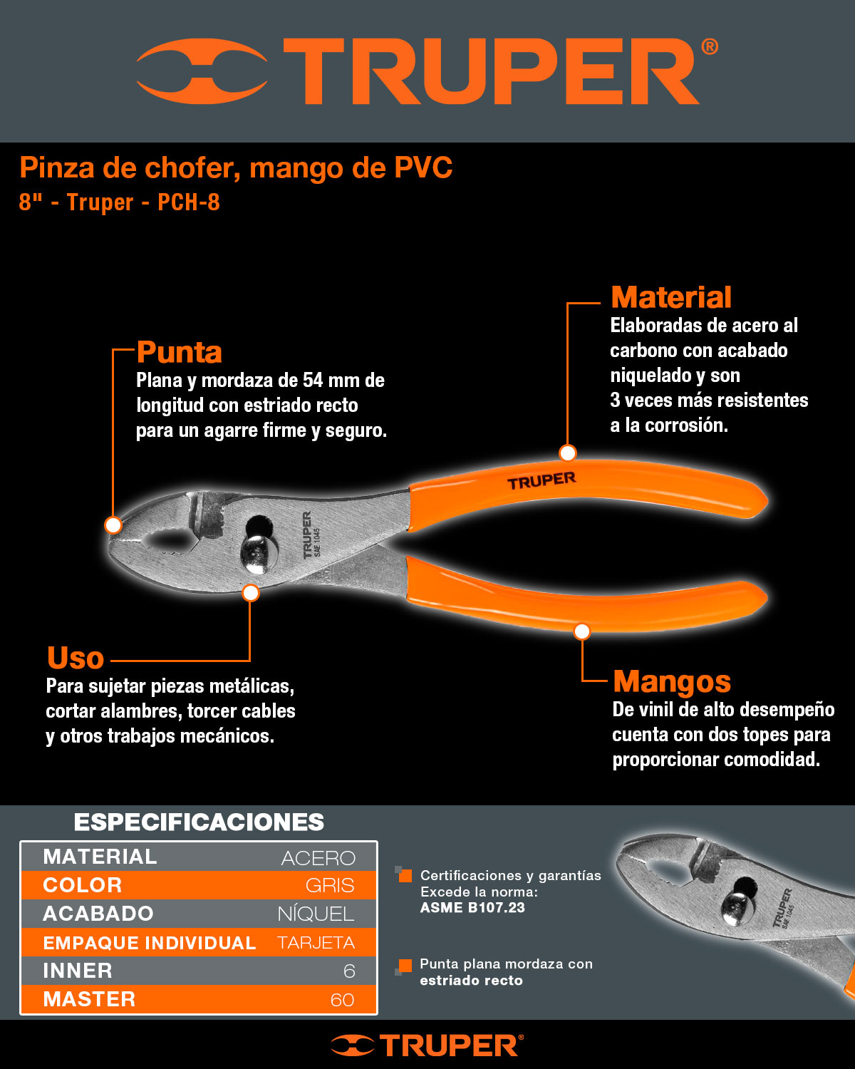 PINZAS DE CHOFER 8 PULGADAS DE ACERO TRUPER | The Home Depot México