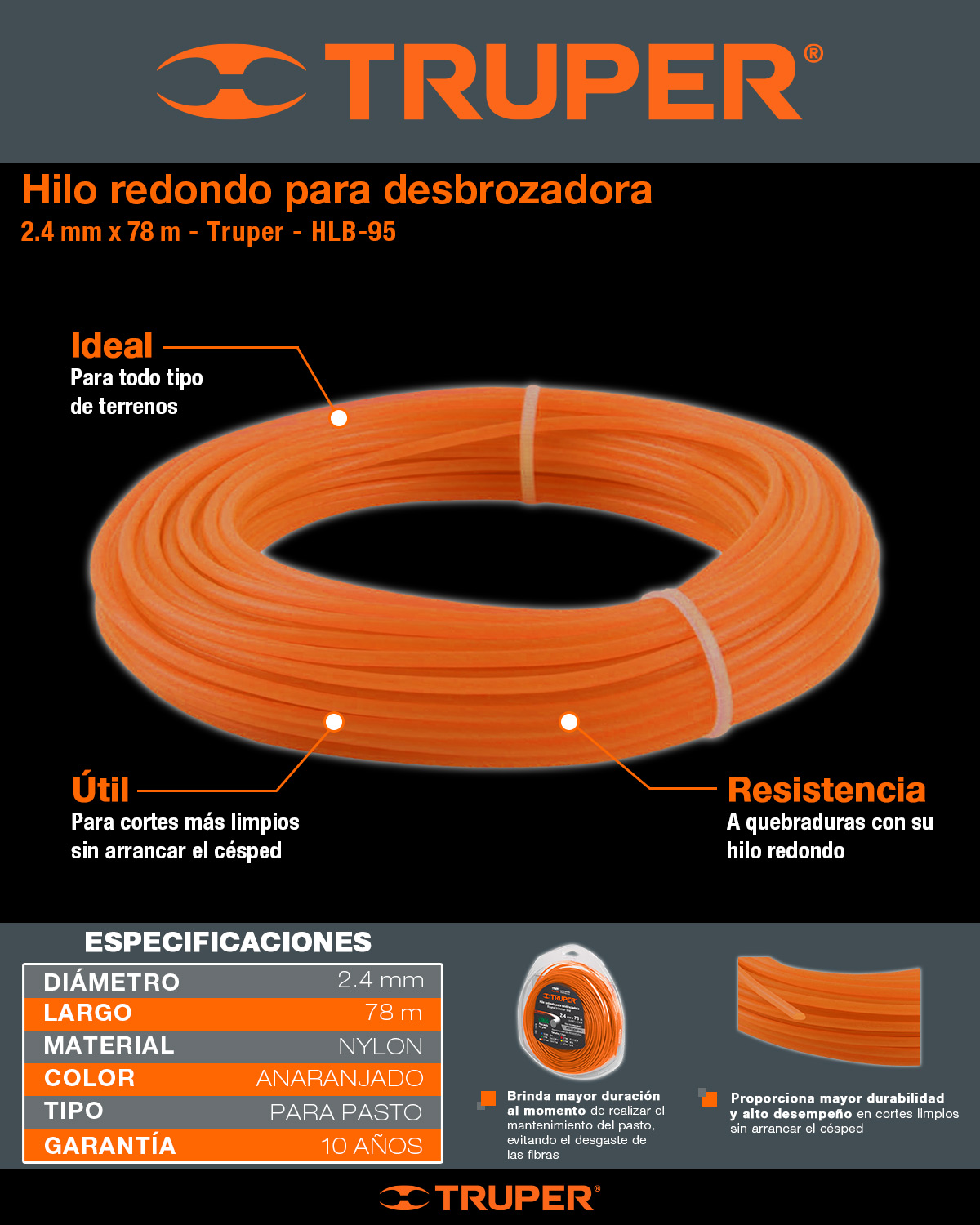 HILO REDONDO PARA DESBROZADORA 78 M X 2.4 MM NARANJA TRUPER | The Home Depot México