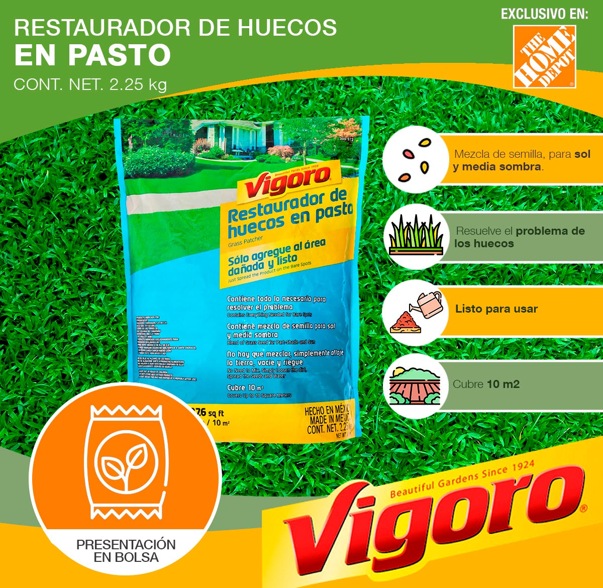 RESTAURADOR DE HUECOS EN PASTO DE 2.25 KG CAFÉ VIGORO | The Home Depot ...