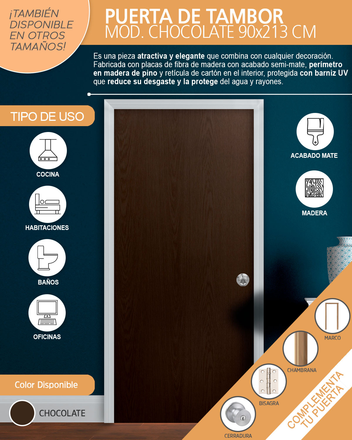 PUERTA DE TAMBOR INTERIOR CHOCOLATE 2.10 M X 90 X 3.5 CM | The Home ...