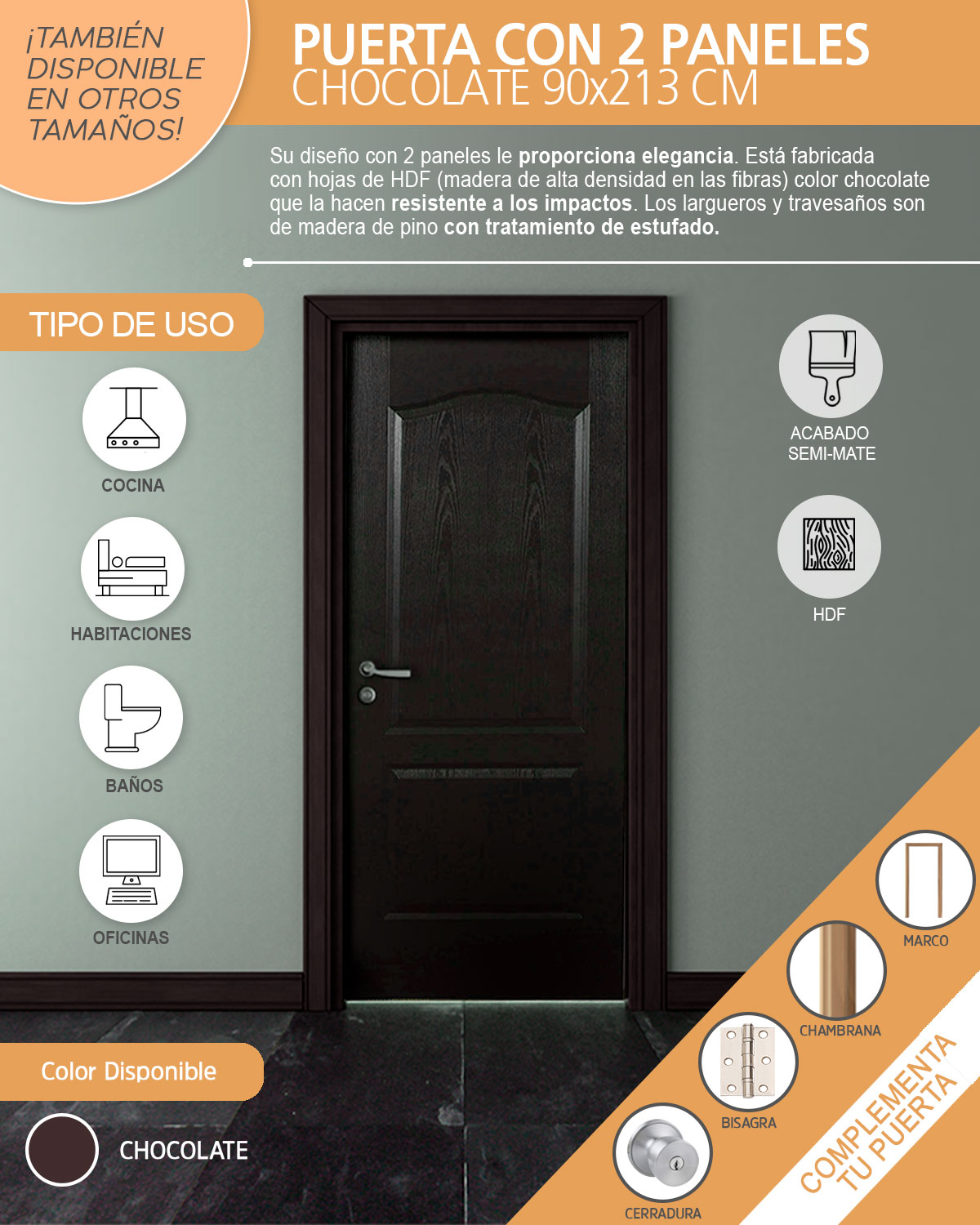 PUERTA DE TAMBOR INTERIOR DE 2 PANELES CHOCOLATE 2.13 M X 90 X 3.5 CM ...