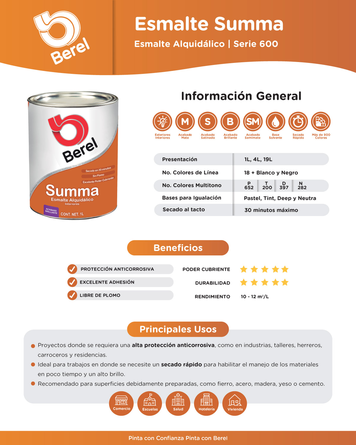 Pintura Berel Summa Alquidálico Interior/Exterior 1L Color Bermellon ...