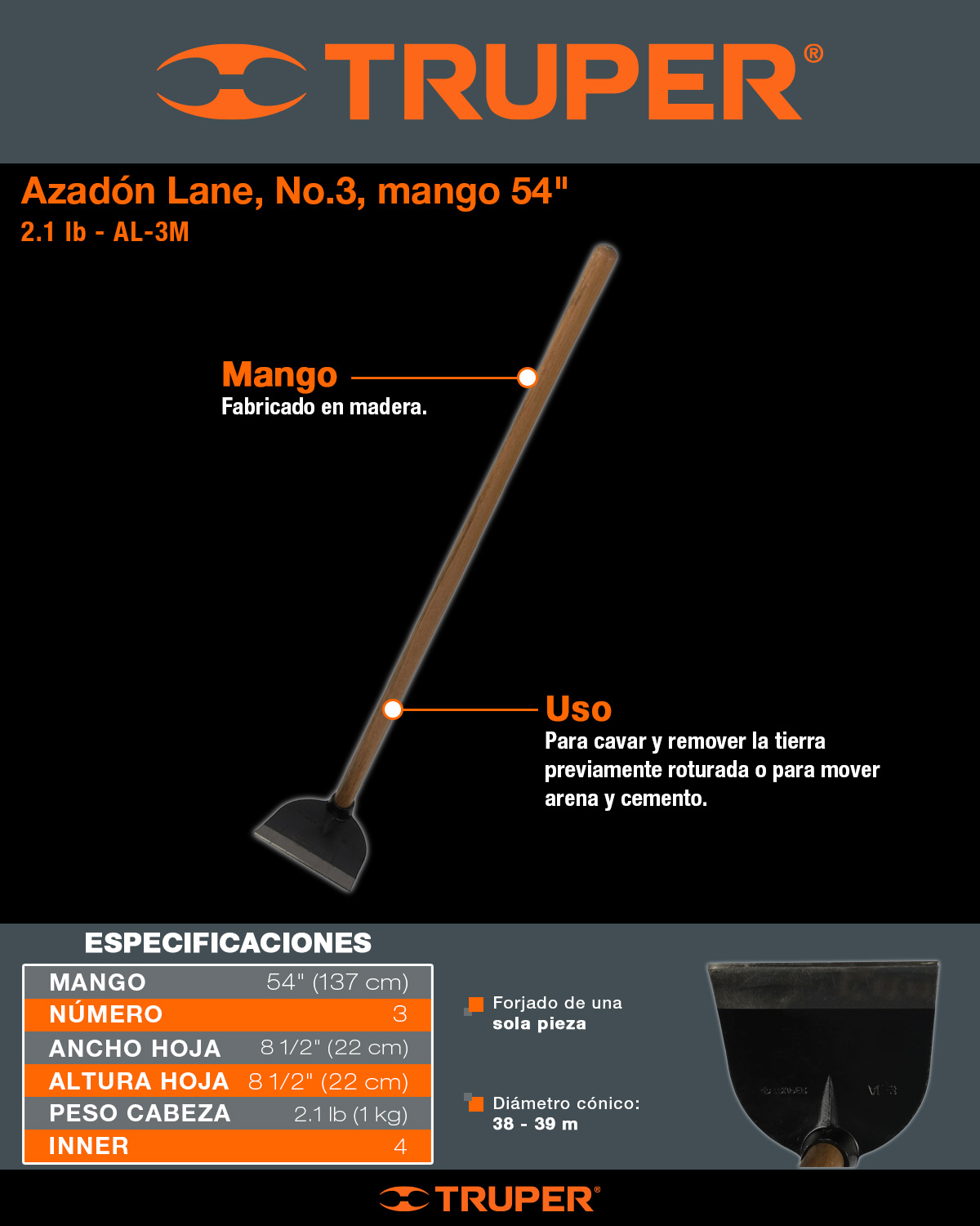 AZADÓN LANE DE 137 CM NEGRO TRUPER | The Home Depot México