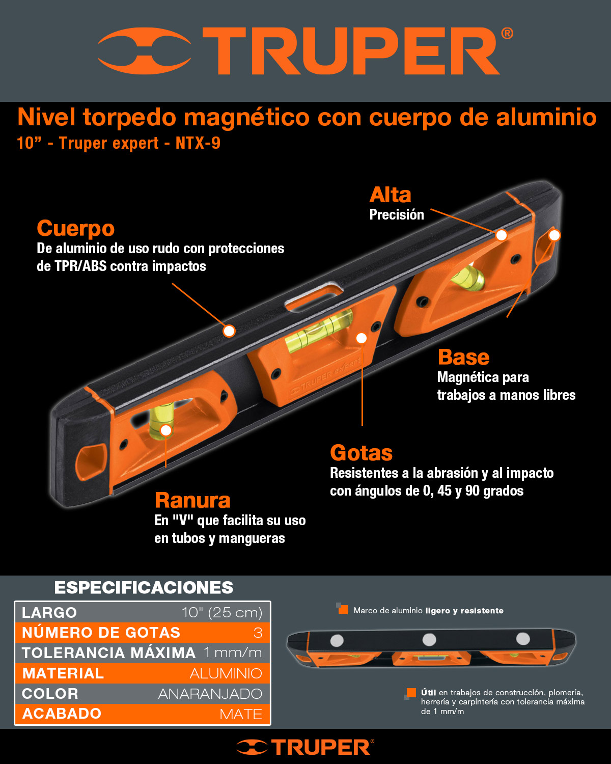 NIVEL TORPEDO MAGNÉTICO 10 PULGADAS METAL TRUPER | The Home Depot México