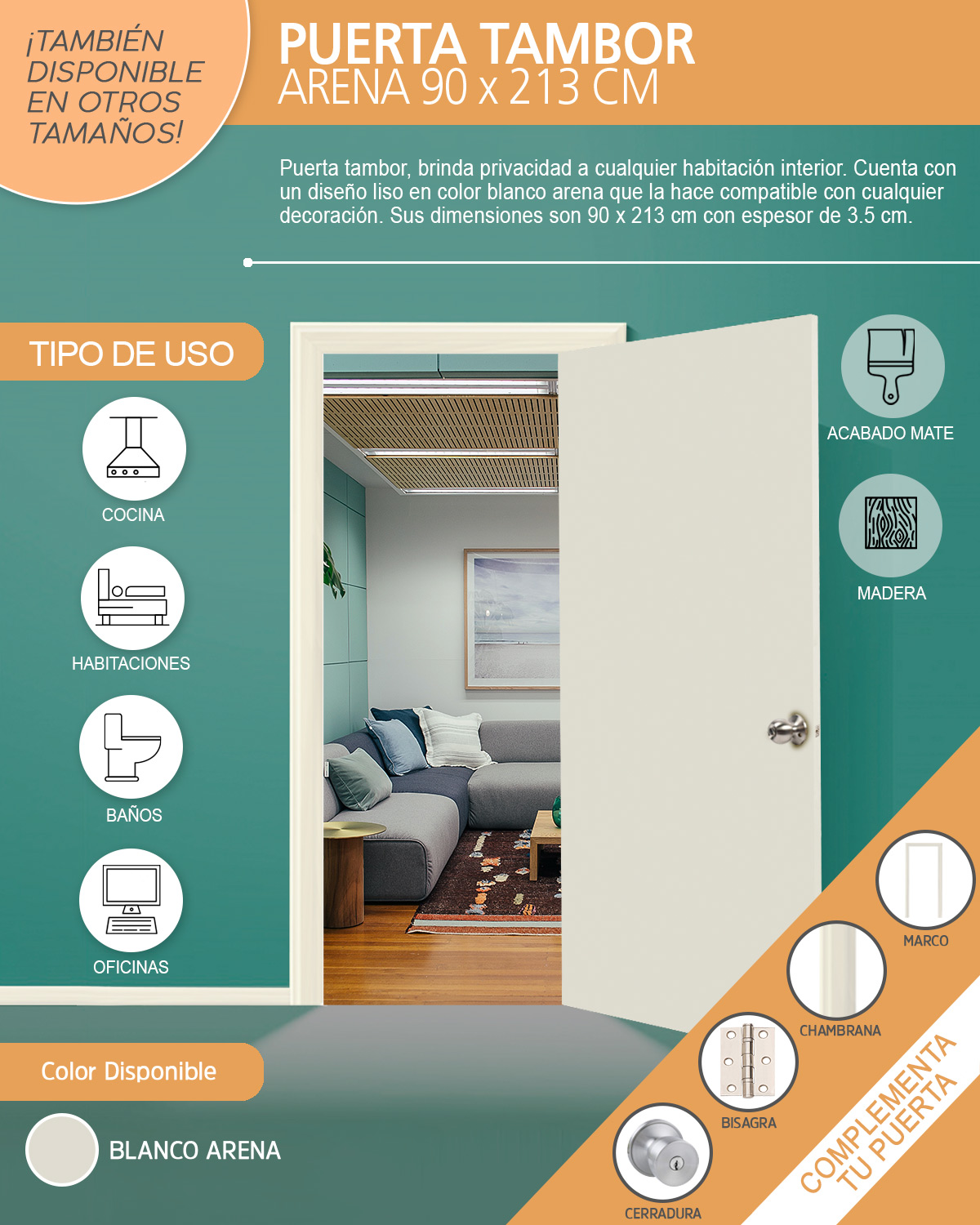 PUERTA DE TAMBOR ARENA 80 X 213 CM | The Home Depot México