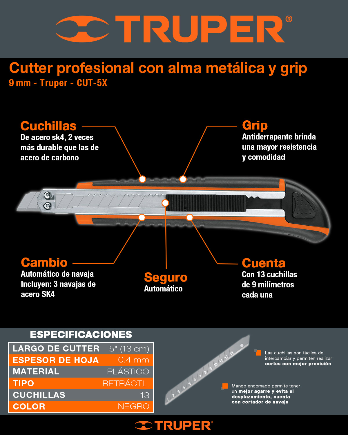 NAVAJA RETRÁCTIL 9 MM ACERO TRUPER | The Home Depot México