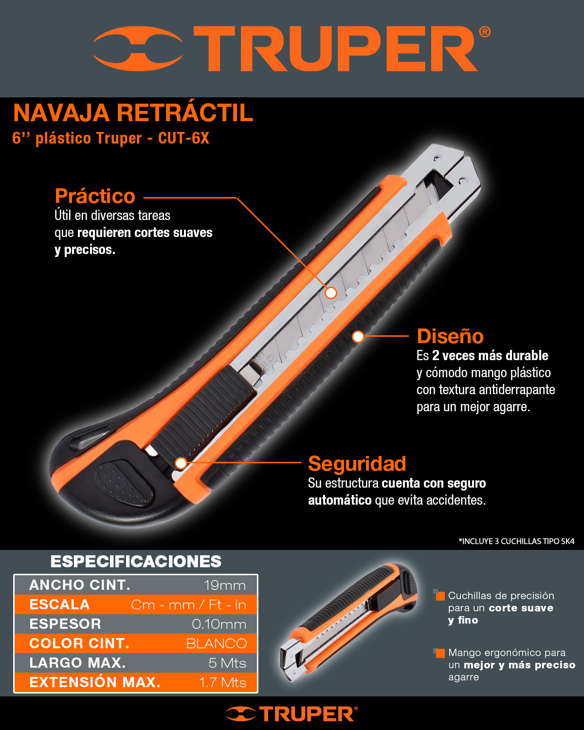 NAVAJA RETRÁCTIL 6 PULGADAS PLÁSTICO TRUPER | The Home Depot México