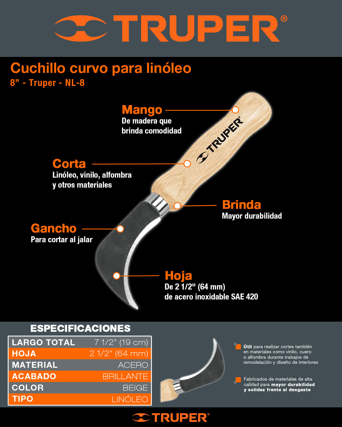 CUCHILLO PARA LINÓLEO 8 PULGADAS ACERO TRUPER | The Home Depot México