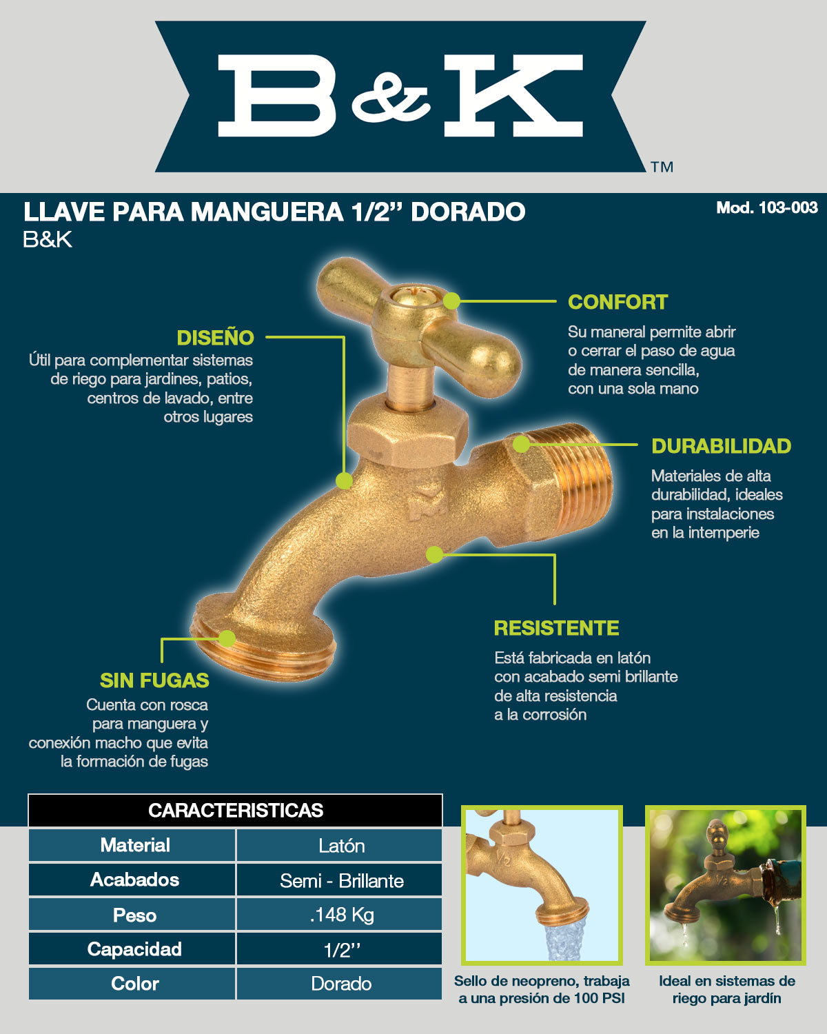 LLAVE PARA MANGUERA 1/2 PULGADA DORADO B&K | The Home Depot México