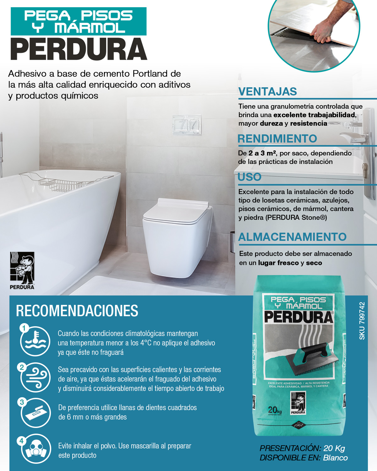 PEGA PISO Y MÁRMOL BLANCO PERDURA 20 KG | The Home Depot México